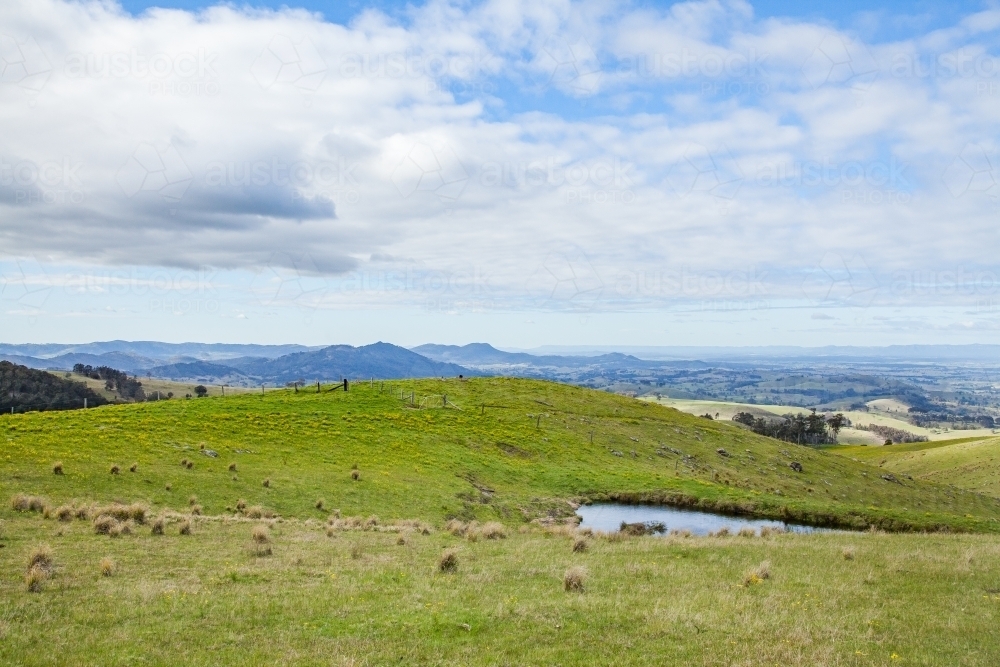 Image of Water filled dam in a green rural paddock - Austockphoto