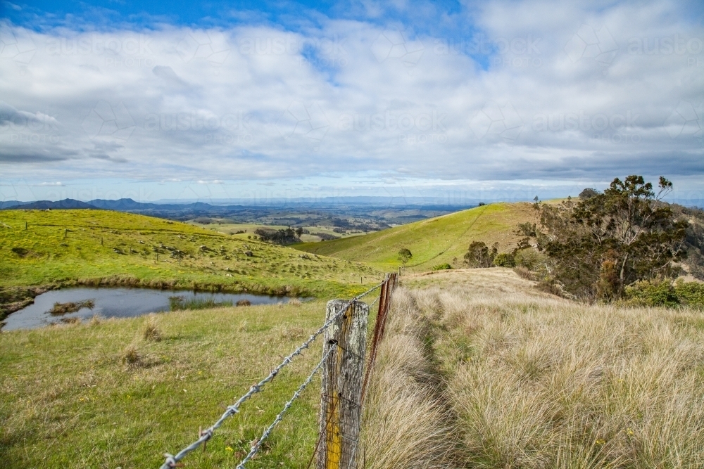 Image of Water filled dam in a green rural paddock - Austockphoto