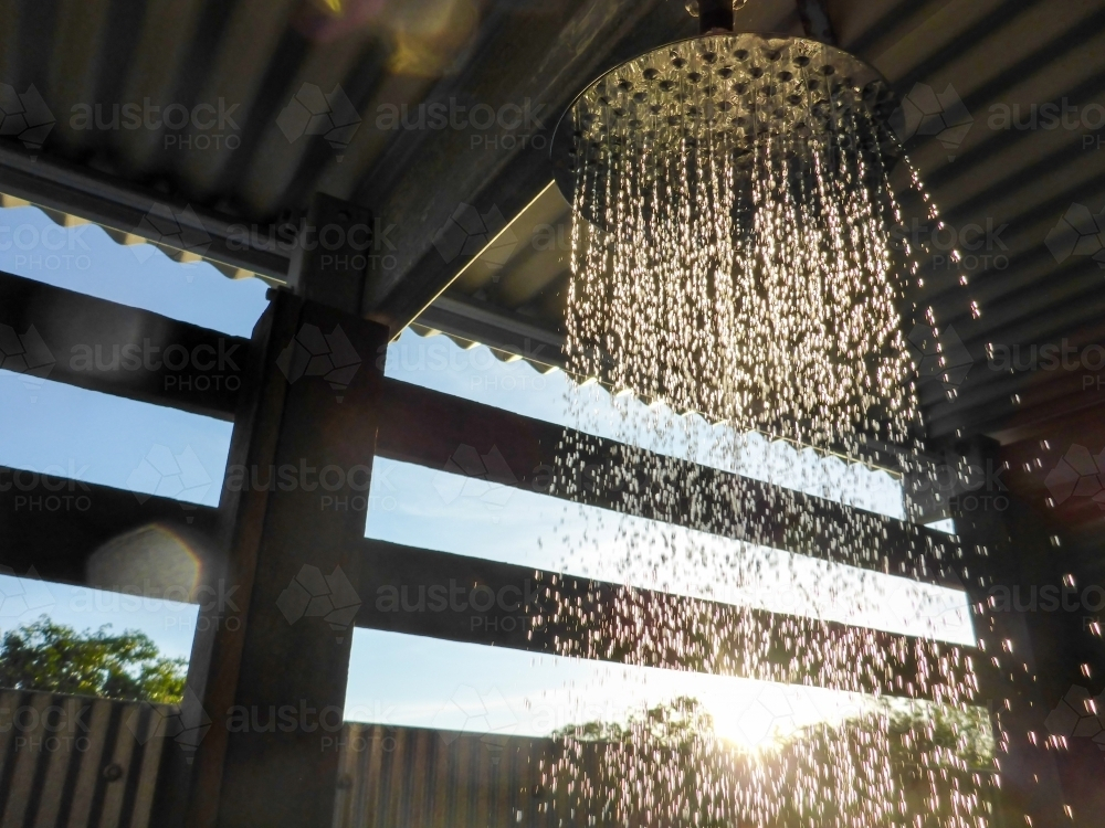 Image of Water flowing from a showerhead with sunbeam filtering through ...