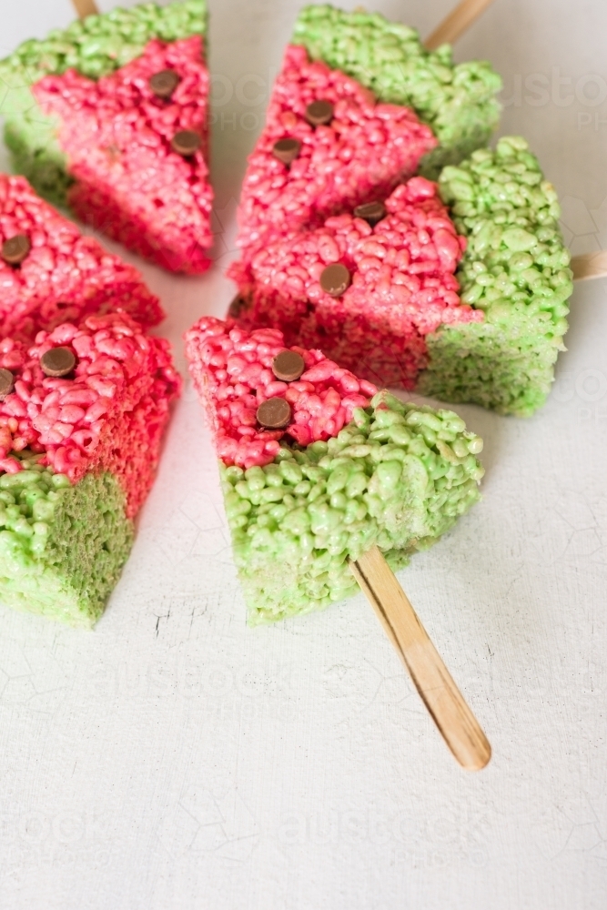 Image of watermelon shaped rice krispie treats - Austockphoto