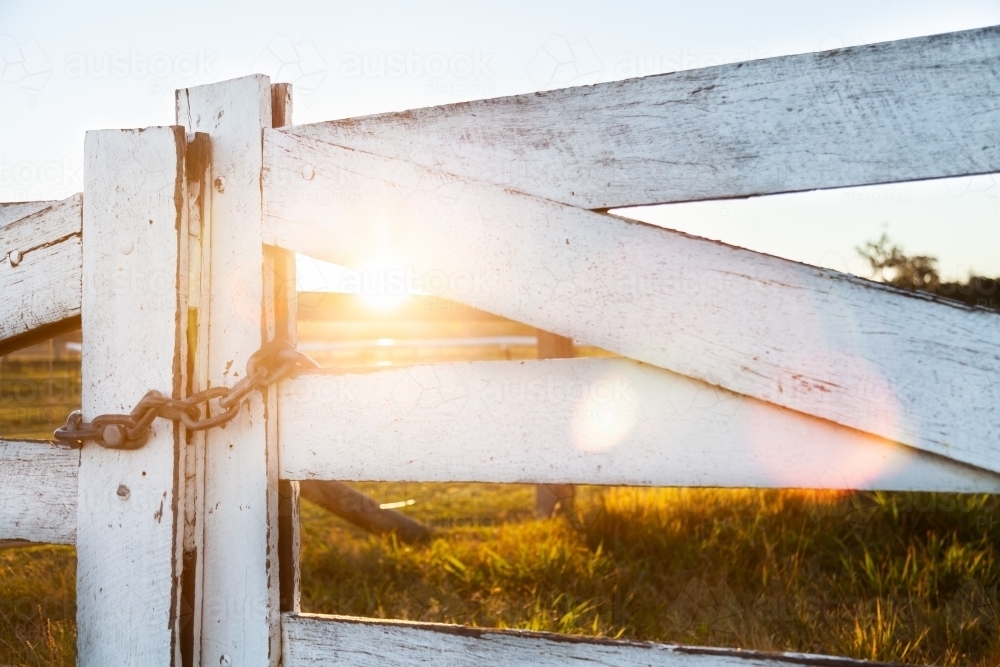 Image of White wooden post and rail fence and gate backlit with sun ...