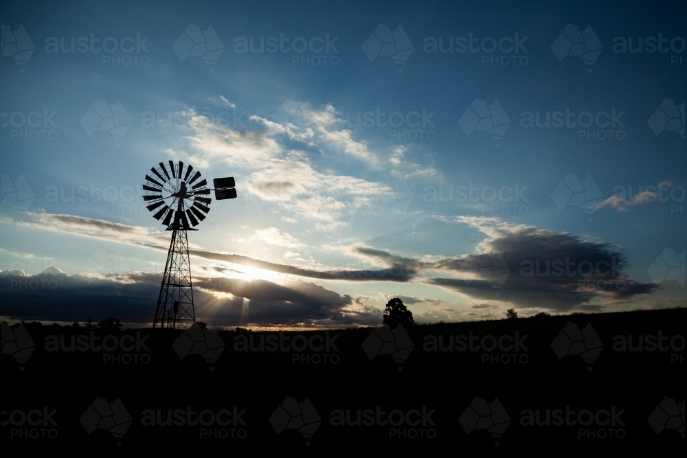 Image of Windmill in paddock on farm at sunset - Austockphoto