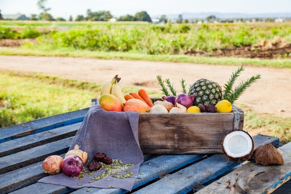 Image of Wooden box of fresh fruit and veg on pallet on Aussie farm ...