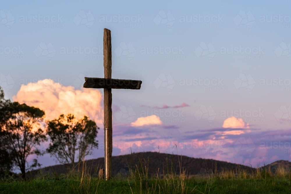 Image of Wooden cross shape structure in farm paddock on good Friday ...
