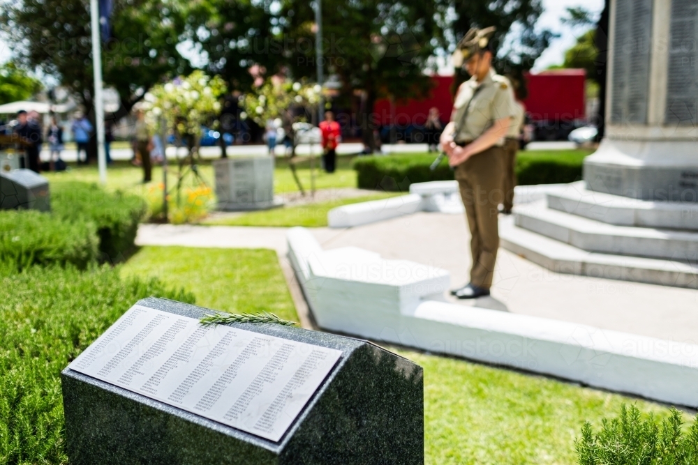 Image of WW2 memorial plinth on remembrance day in Singleton - Austockphoto