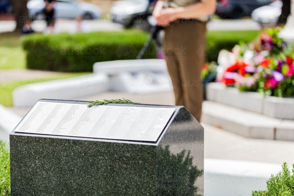Image of WW2 memorial plinth on remembrance day in Singleton - Austockphoto