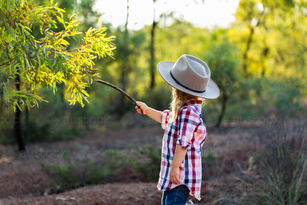 Image of Young aussie kid exploring Australian bushland in late summer ...