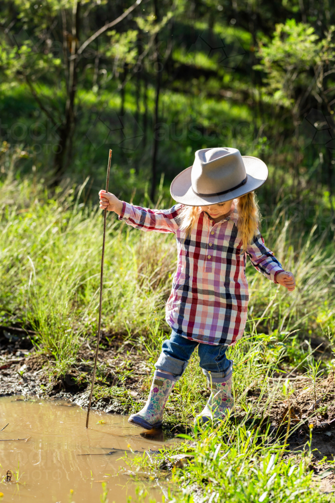 Image of Young Aussie kid playing with stick in muddy puddle in ...
