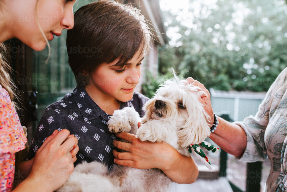 Image of Young boy carrying his pet dog - Austockphoto