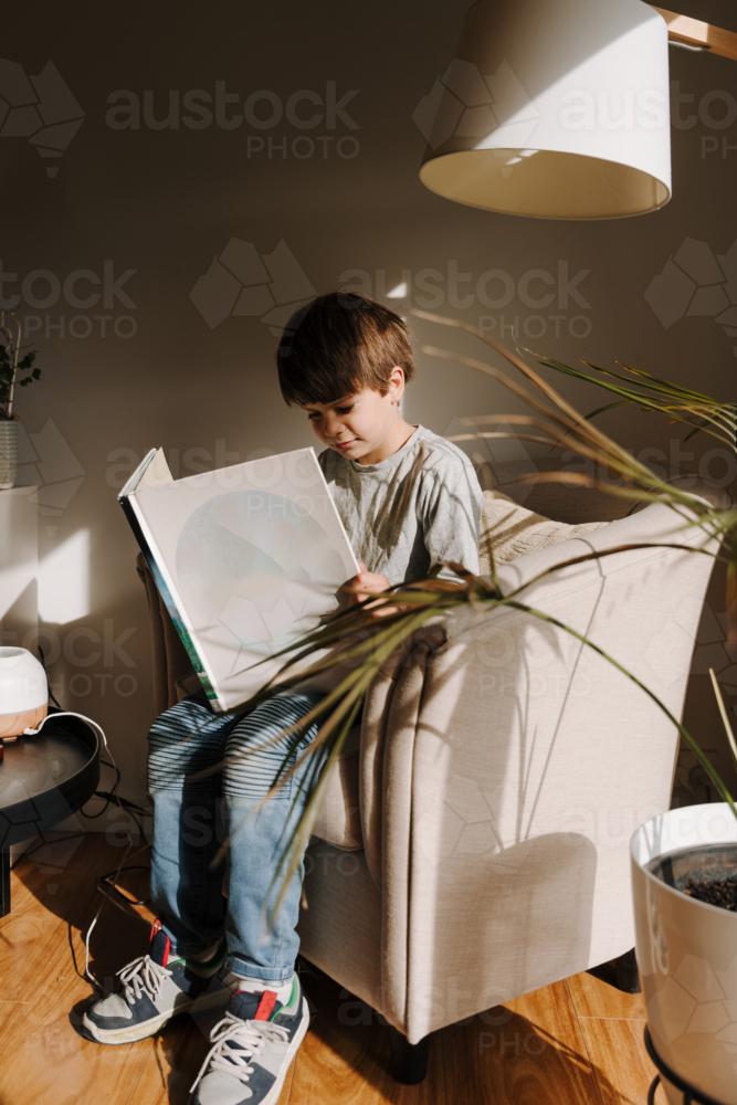 Image of Young boy reading a book on the couch in a sunlit room ...