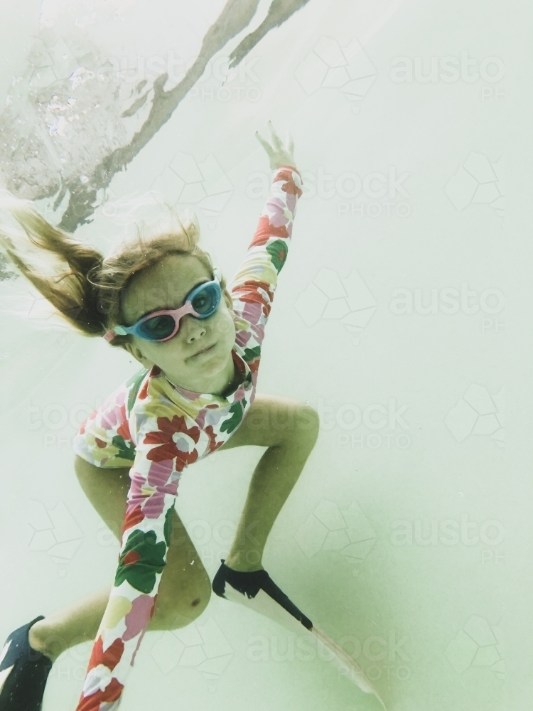 Image Of Young Girls Swimming Underwater In Pool Wearing Floral