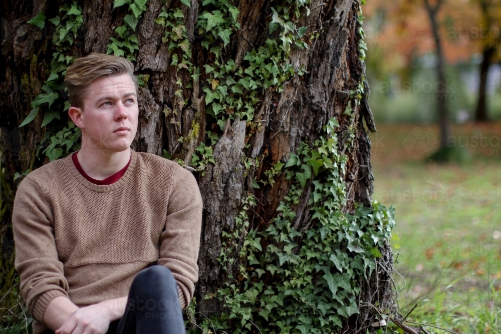 Image of Young man sitting outdoors at the base of a tree contemplating ...