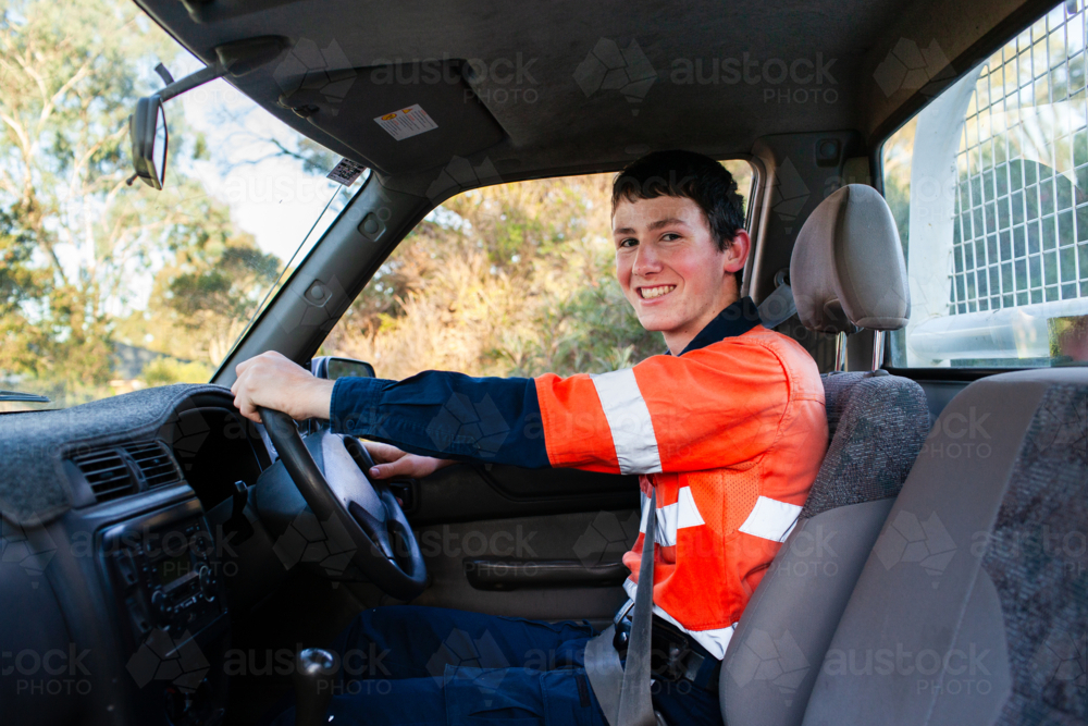 Image of Young teenaged Australian driver driving ute in country ...