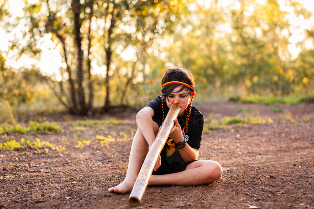 Image of Young tween First Nations Australian boy outside in rural ...