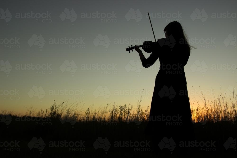 Image of Young woman playing violin in a paddock at sunset - Austockphoto